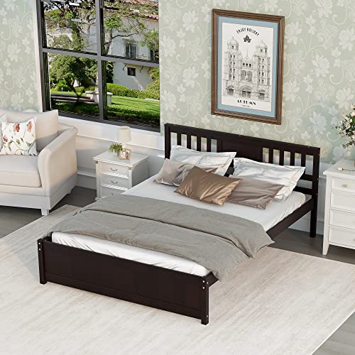 Prohon Queen Size Platform Bed Frame with Horizontal Strip Design Headboard, Strong Wooden Slat Support with Large Underbed Storage Space, Simple Style Bedframe for Kids, Teen, Adults, Espresso