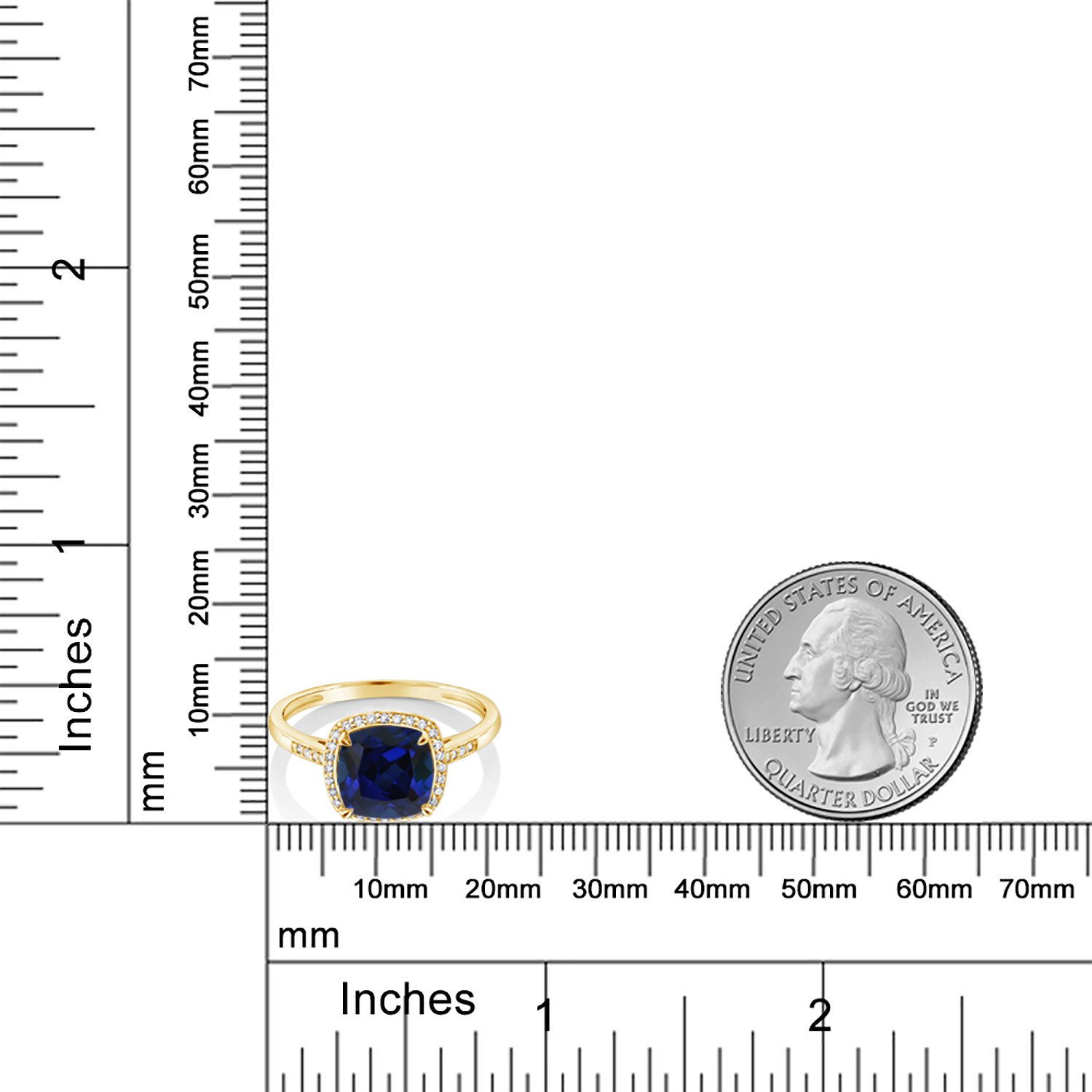 Gem Stone King 10K Yellow Gold Blue Created Sapphire and Diamond Engagement Ring For Women | 2.50 Cttw | Cushion 8MM | Yellow Gold Ring | Available in size 5, 6, 7, 8, 9