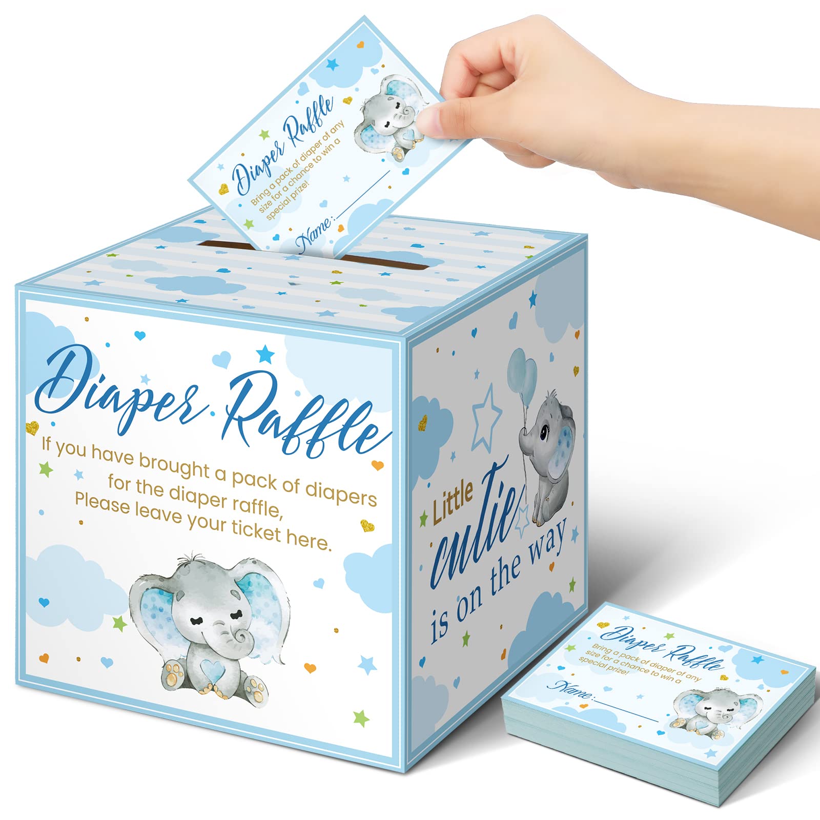 Teling 51 Pieces Diaper Raffle Tickets with Diaper Raffle Card Box Baby Shower Decorations Baby Shower Holder Box for Girl Boy Diaper Raffle Party(Blue Elephant)