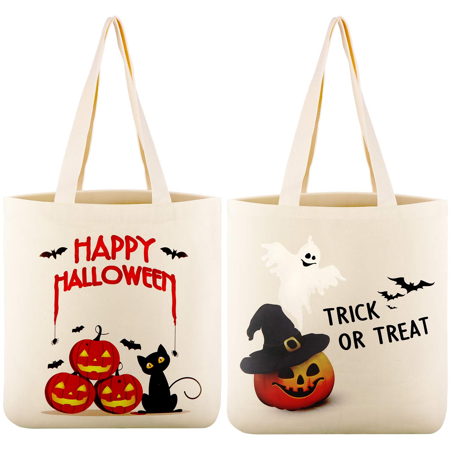 Weewooday 2 Pieces Halloween Tote Bag Reusable Canvas Bag Grocery Shopping Bag Pumpkin Candy Bag for Halloween Party or Daily Supplies