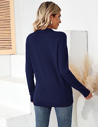Romanstii Women's Knitted Polo Sweaters Long Sleeve V Neck Collared Shirts Winter Pullover Tops,Navy Blue,L