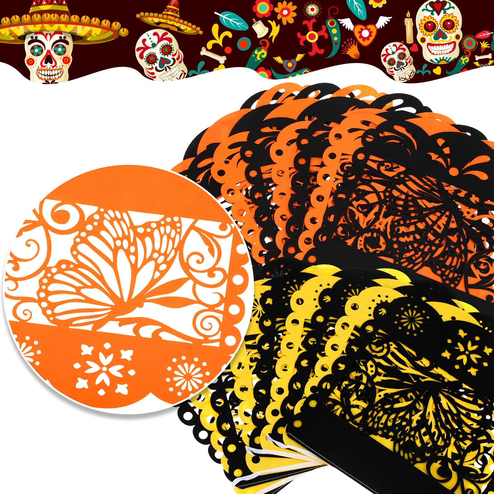 Riceshoot 21 Pcs Day of The Dead Decorations for Dia De Los Muertos Include 3 Pcs 4.9 ft Artificial Marigold Garland with LED, 16 Pcs Monarch Butterfly Decorations, 2 Pcs 16.4 ft Mexican Party Banner