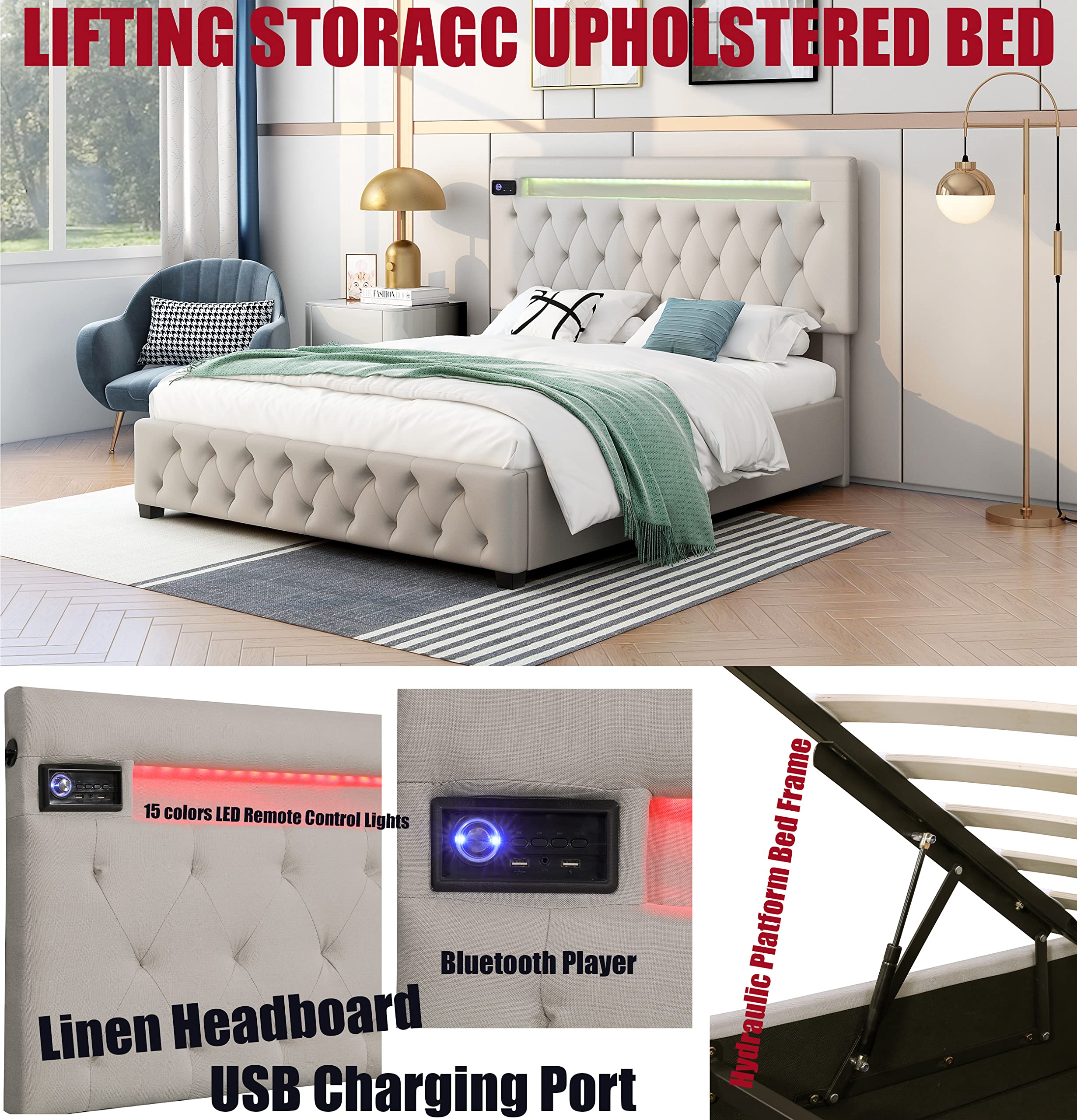Queen Lift Storage Bed Upholstered Bed, Luxury Bed Frame With LED Light Bluetooth Player And USB Charging,Adjustable Linen Fabric Headboard,Hydraulic Storage Platform Bed For Kids Teen Adults (Beige)