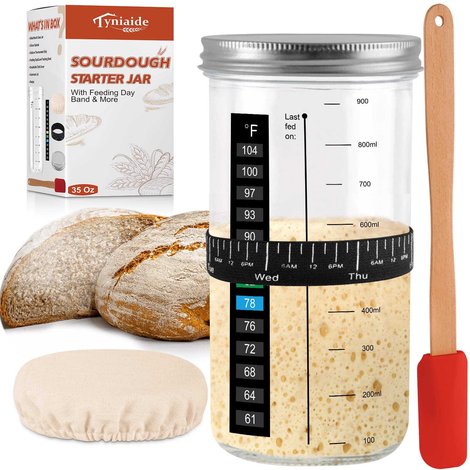 Tyniaide 35oz/1000ml Sourdough Starter Kit – Extra Thermometer Strips and Breathable Covers Included in Sourdough Starter Jar – A Perfect Sourdough Bread Starter Kit for Beginners to Expert
