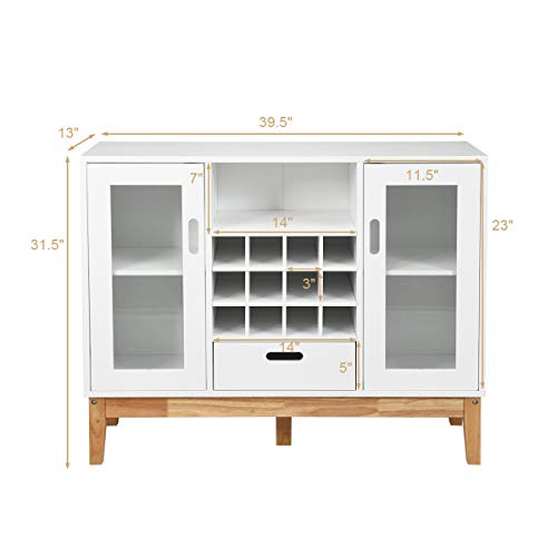 PETSITE White Sideboard Buffet Storage Cabinet with Removable Wine Rack, Glass Doors, Open Shelf & Drawer, Wood Accent Console Table for Living Room, Entryway