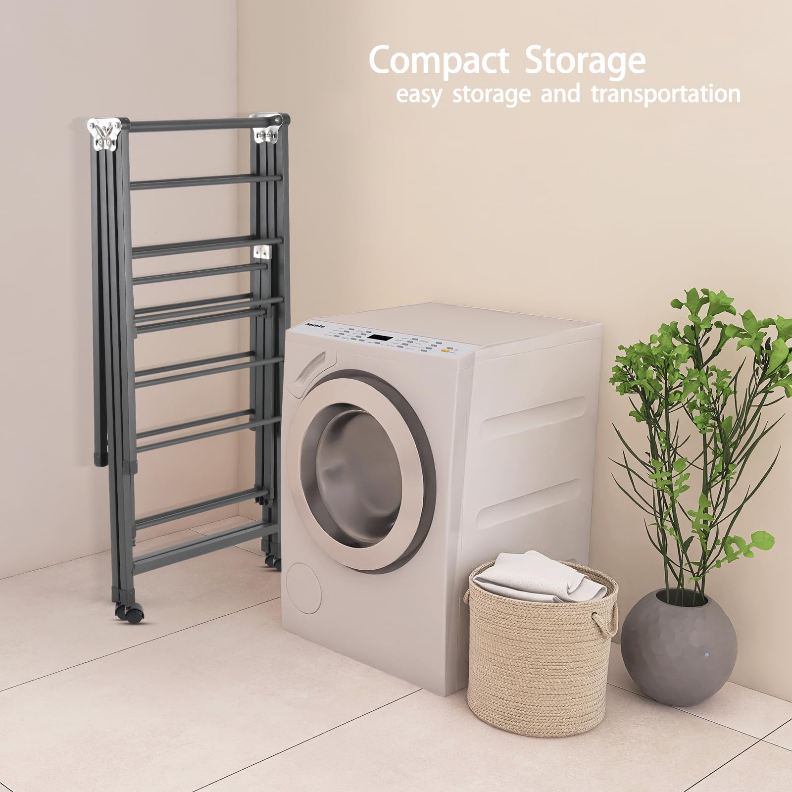 Portable Clothes Drying Rack, Lightweight Drying Rack, Gullwing Drying Rack with Locking Wheels - Grey