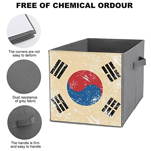Retro South Korea Flag Storage Bins Cubes Foldable Fabric Organizers with Handles Clothes Bag Book Box Toys Basket for Shelves Closet 10.6"