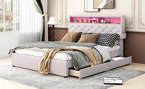 Queen Size Upholstered Platform Bed Frame for Boys Girls Kids Toddler with Storage Headboard, LED, USB Charging and 2 Drawers, Beige
