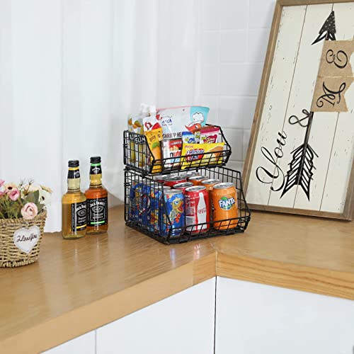 LUMAMU 2-Tier Stackable Wire Baskets for Storage Pantry, Hanging Wall Basket with Removable Dividers Countertop Basket Organizer for Snack Fruit Veggies Canned Food, Black