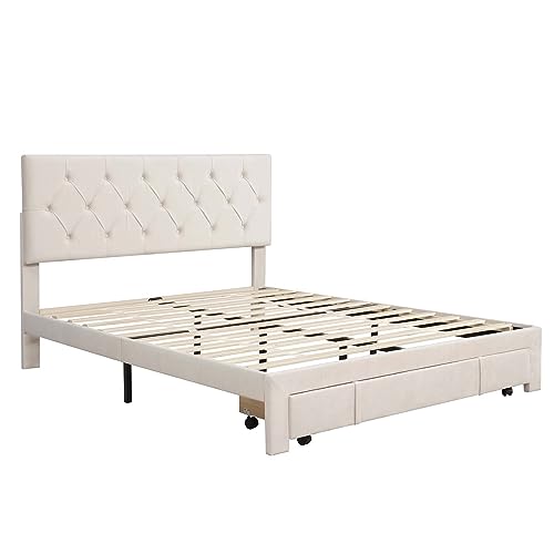 Queen Size Velvet Upholstered Platform Bed Frame with Headboard & Storage Drawer, Platform Bed with Sturdy Wooden Slats Support, No Box Spring Needed for Bedroom Small living Space (Beige, Queen)