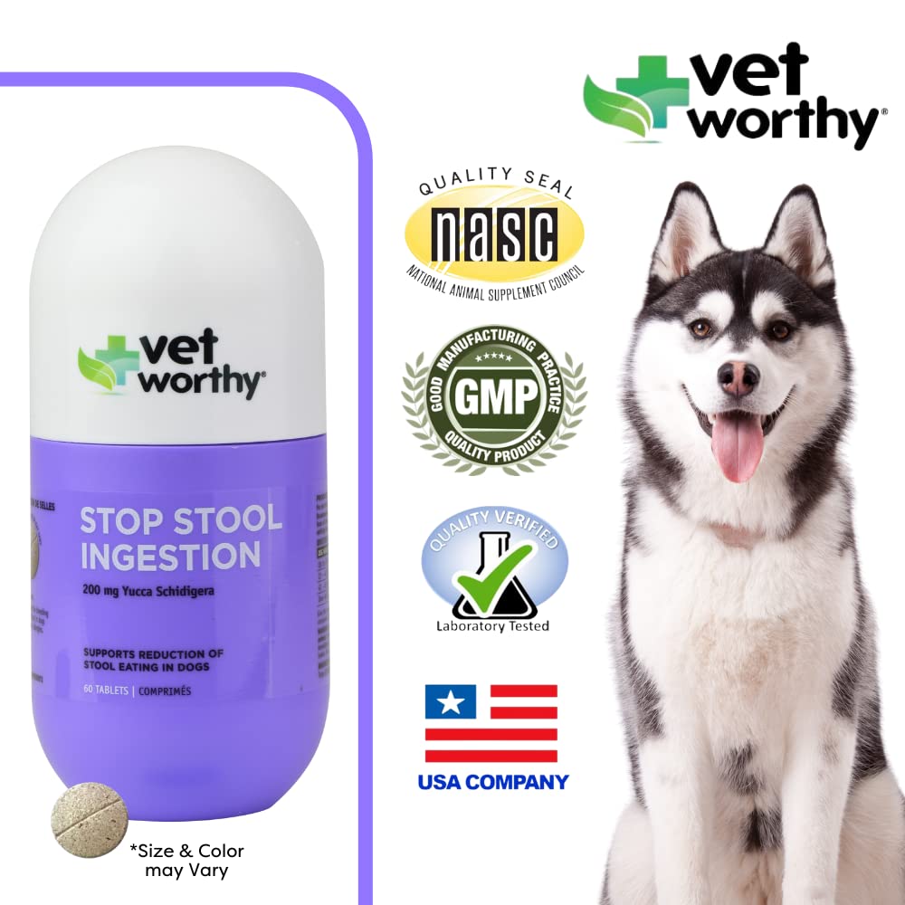 Vet Worthy Stop Stool Ingestion - Daily Supplement for Dogs to Prevent Stool Eating - Dog Supplement with Yucca Schidigera, Parsley Leaf, Chamomile, Thiamine - Liver Flavor, 60 Chewable Tablets