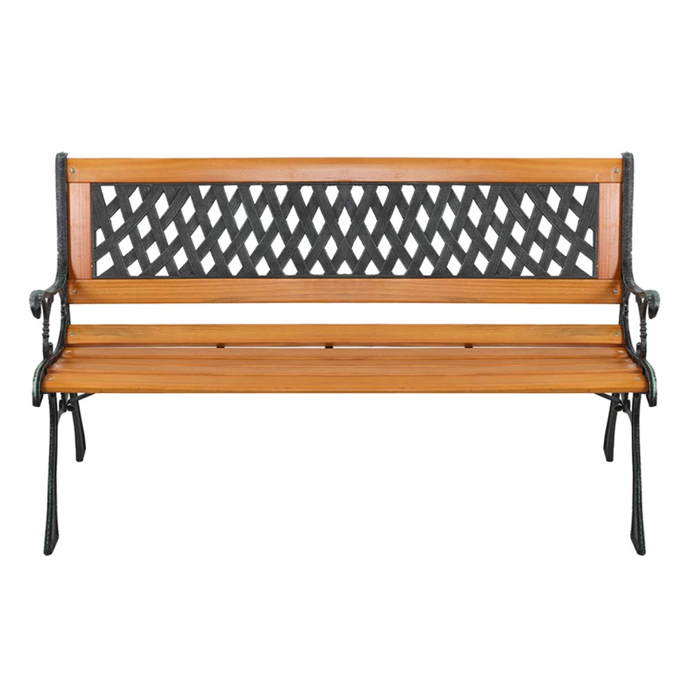 VINGLI 49.5" Outdoor Garden Bench,Deck Hardwood Cast Iron Wood Bench Chair for Patio Front Porch Path Yard Lawn
