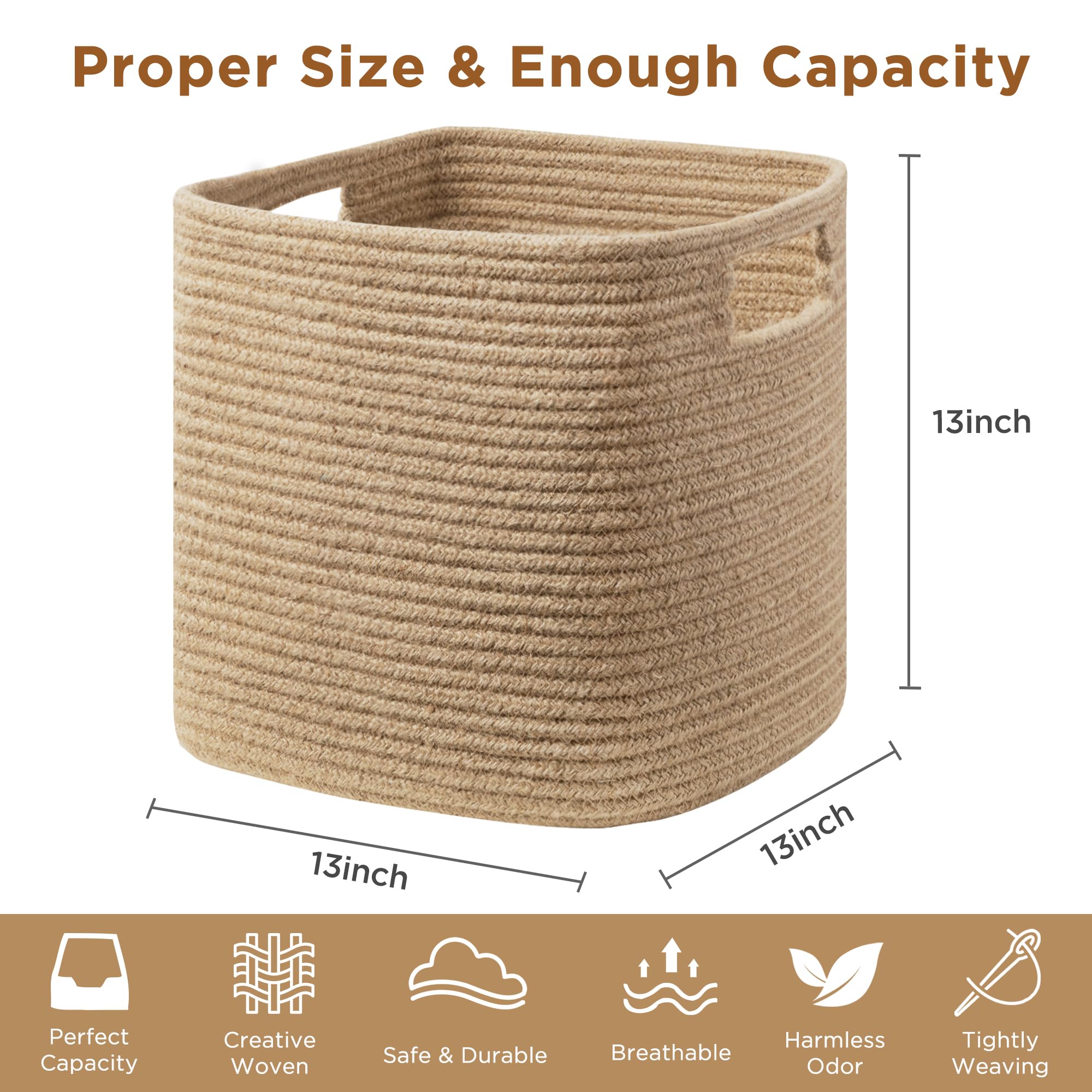 UBBCARE Set of 4 Storage Basket-13 X 13 X 13 in, Basket for Shelves, Cube Storage Bins with Handles, Woven Storage Basket for Organizing, Jute