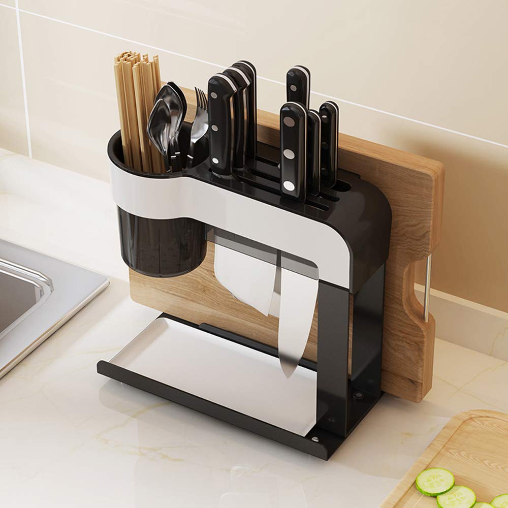 Multifunctional Knife Block Knife Holder Storage Rack with Drainboard, Cutting Board Drying Rack Cooking Utensil Holder ChopsticksâCaddy for Kitchen Accessories Countertop Organization, Black