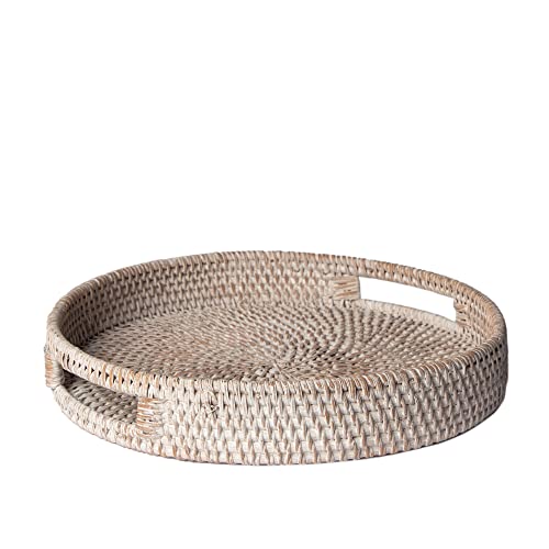 Porto Boutique Round Rattan Serving Tray - Modern Woven Tray w/Handles for Dining Table, Livingroom, Patio Decor - Stylish Rattan Tray for Serving Fruits, Breakfast - Ideal for Coffee Table (Large)