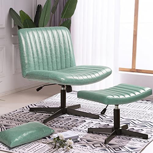 PUKAMI Armless Desk Chair No Wheels with Ottoman&Lumbar Support,PU Leather Padded Modern Swivel Home Office Chair,Height Adjustable Wide Seat Cross Legged Computer Task Chair for Living Room (Tiffany)