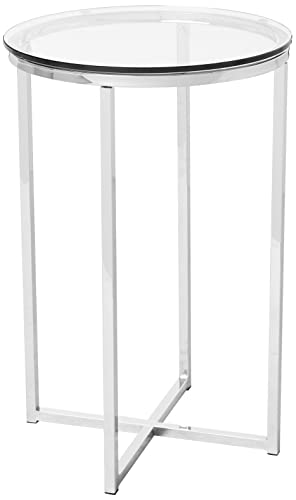 Walker Edison Cora Modern Glass Top Round Accent Table with X Base, 16 Inch, Glass and Chrome