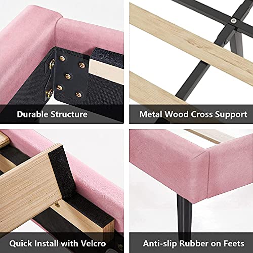 Twin Size Fabric Upholstered Platform Bed Frame with Button Tufted Stitched Headboard, Mattress Foundation with Metal Wood Slat Support, No Box Spring Needed, Noise Free Design, Easy Assembly, Pink