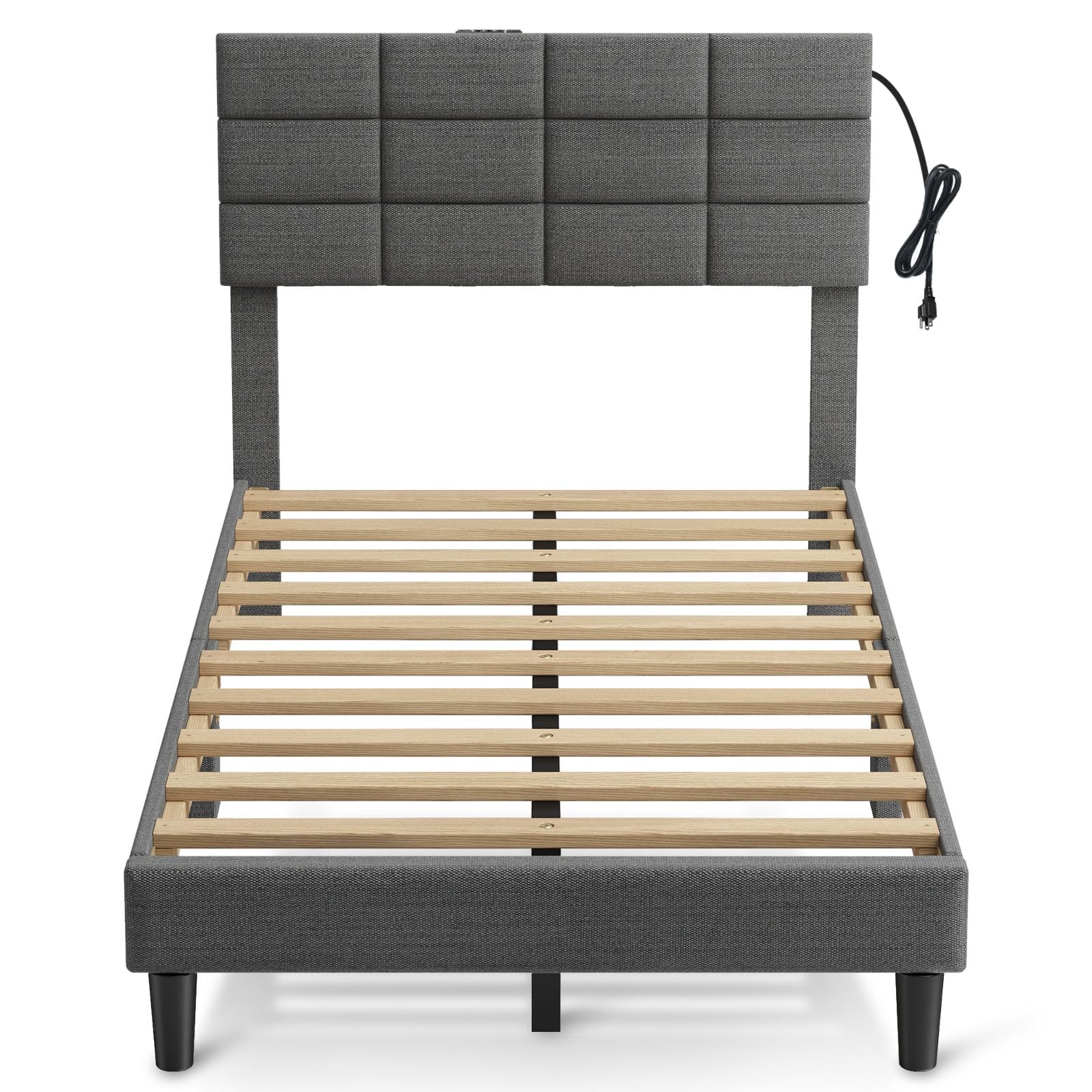 Seventable Twin Size Bed Frame with Charging Station, Upholstered Bed with Heavy Duty Wood Slats, Noise Free, Easy Assembly, No Box Spring Needed, Dark Grey
