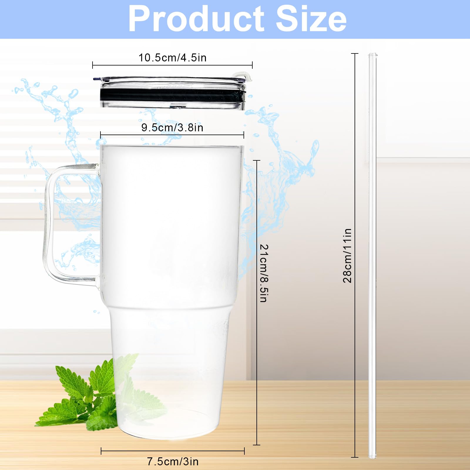 ONEHAUS Glass Tumbler with Lid and Straws, 40oz Glass Cup with Handle, Glass Water Cup,Beer Cup, Ice Coffee Cup, Fits In Cup Holder