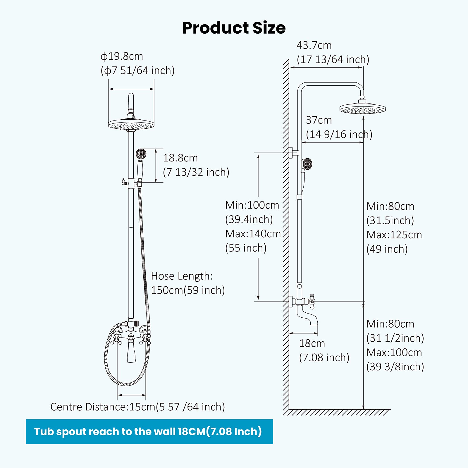Wall Mounted Oil Rubbed Bronze Bathroom Rainfall Shower Faucet System Set Mixer 8-Inch Round Head with Matte Black Victorian Widespread Deck Mounted Three Holes Double Handles