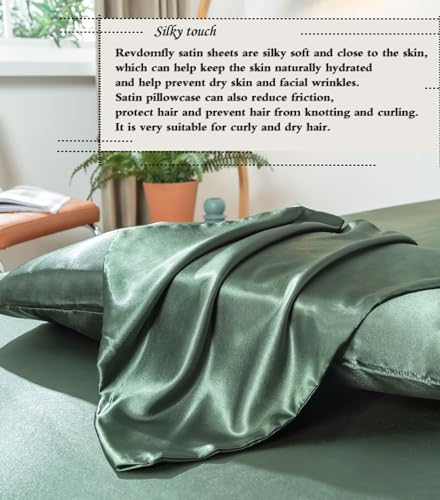 Revdomfly 4 Pcs Luxury Silky Soft Olive Green Satin Sheet Set,1 Premium Moisture Wicking Fitted Sheet Fits Up to 16 Inches Deep Pocket + 1 Flat Sheet + 2 Pillowcases(Olive Green, California King)