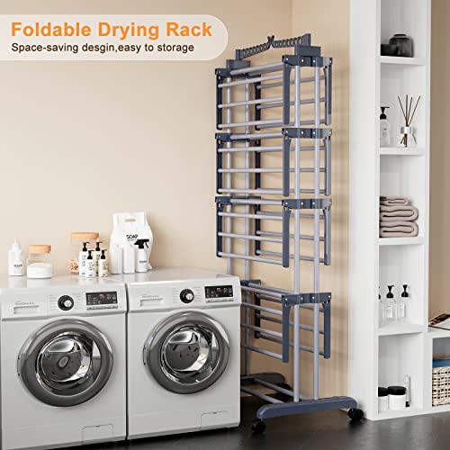 Raybee Clothes Drying Rack Folding Indoor 5-Tier 73.6" H Laundry Drying Rack Oversized Drying Rack Clothing Foldable Clothes Rack Drying with Wheels Outdoor Use