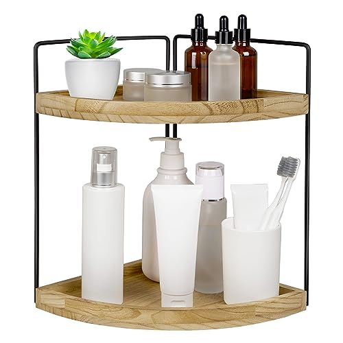 NACIMAX 2 Tier Corner Bathroom Organizer Countertop, Bathroom Counter Corner Shelf, Wood Bathroom Counter Corner Organizer, Light Brown