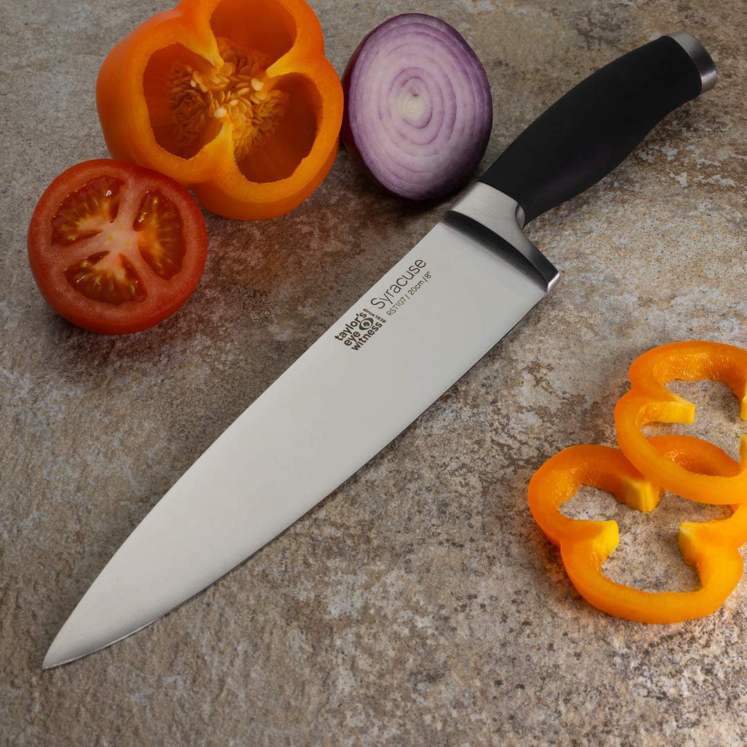 Taylors Eye Witness Syracuse Chefs/Cooks Kitchen Knife - Professional 20cm/8 Inch Cutting Edge, Multi Use. Precision Ground, Razor Sharp, Ultra Fine Blade. Soft Textured Grip Matte Black Handle.
