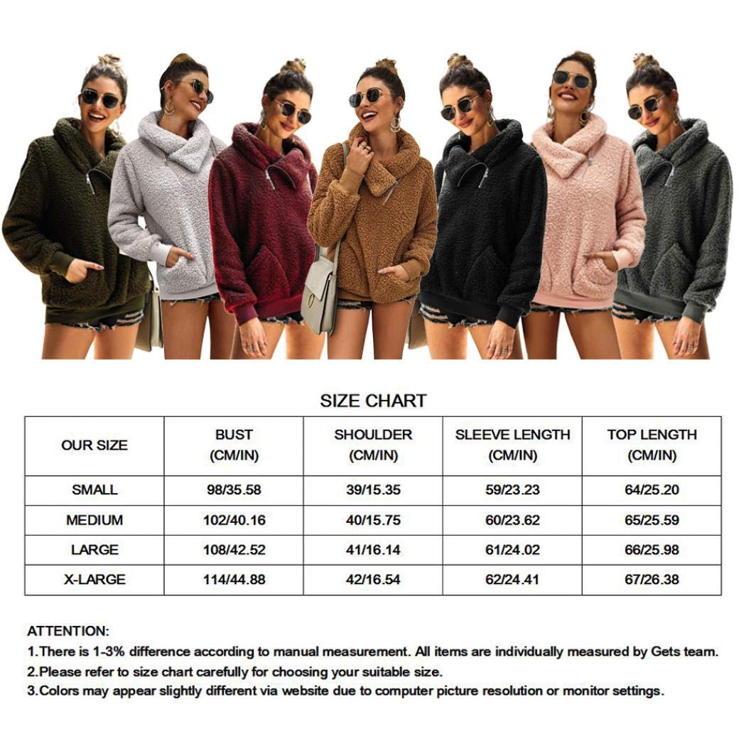 Gets Women's Winter Oblique Lapel Sweatshirt Faux Shearling Shaggy Warm Pullover Zipped Up with Pockets Outerwear (Khaki,M)