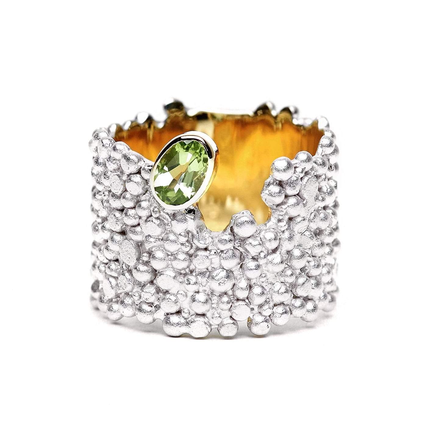 german kabirski 0.50 Carat Green Peridot Handmade Barrel Ring in 925 Sterling Silver with Gold and White Rhodium Plating Size 8