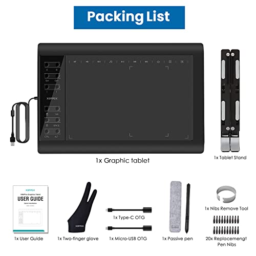 XOPPOX Graphics Drawing Tablet 10 x 6 Inch Large Active Area with 8192 Levels Battery-Free Pen and 12 Hot Keys, Compatible with PC/Mac/Android OS for Painting, Design & Online Teaching
