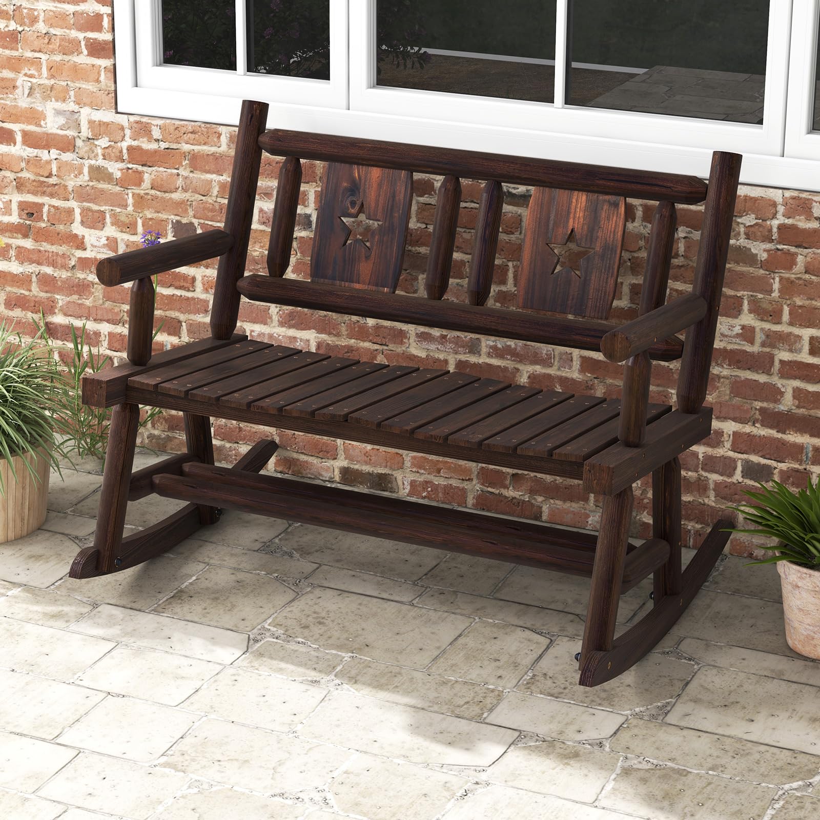 Tangkula Patio Rocking Bench, Carbonized Wood Double Rocker Chair with Ergonomic Seat, 2-Person Solid Wood Rocking Loveseat for Backyard, Porch, Garden, Rustic Farmhouse Style (1, Rustic Brown)