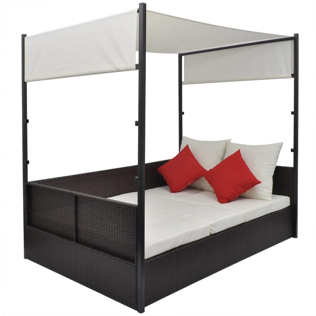 vidaXL Patio Bed, Outdoor Double Chaise Lounge with Canopy, Patio Furniture for Outdoor Courtyard Poolside Balcony, Brown Poly Rattan