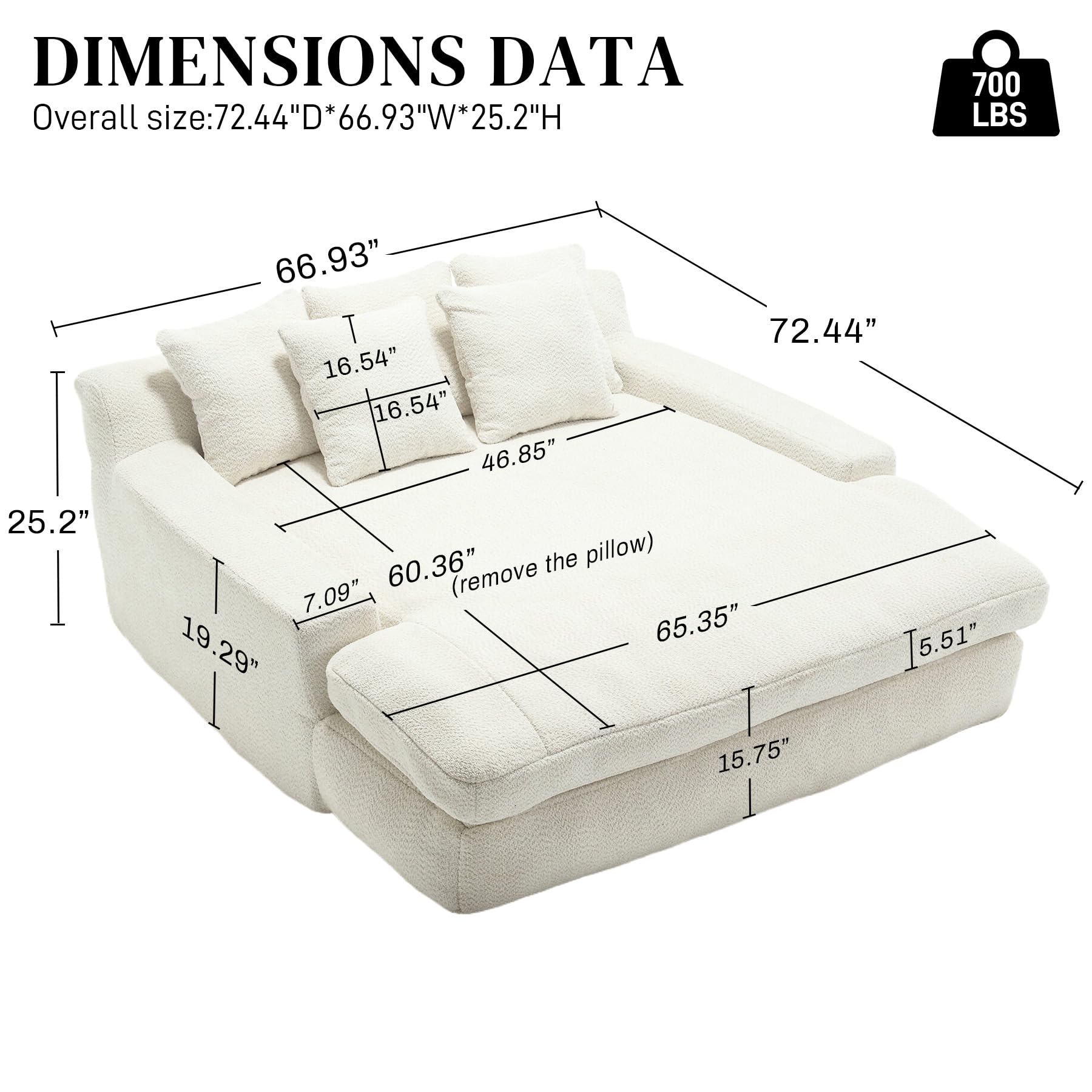 ONEMMLION Oversized Loveseat Modular Sectional Sofa Cloud Couch, 72.4" Comfy Deep Seat Double Chaise Sleeper Sofa, Modern Upholstered Chenille Boucle Couch for Living Room, Grey
