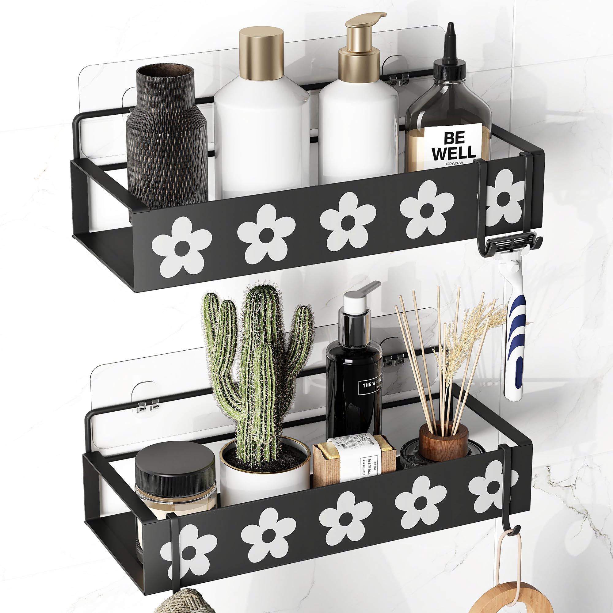 Purdaz Adhesive 2 Pack Shower Caddy Shower Shelf for Shampoo Conditioner,No Drilling,Rustproof (Black)