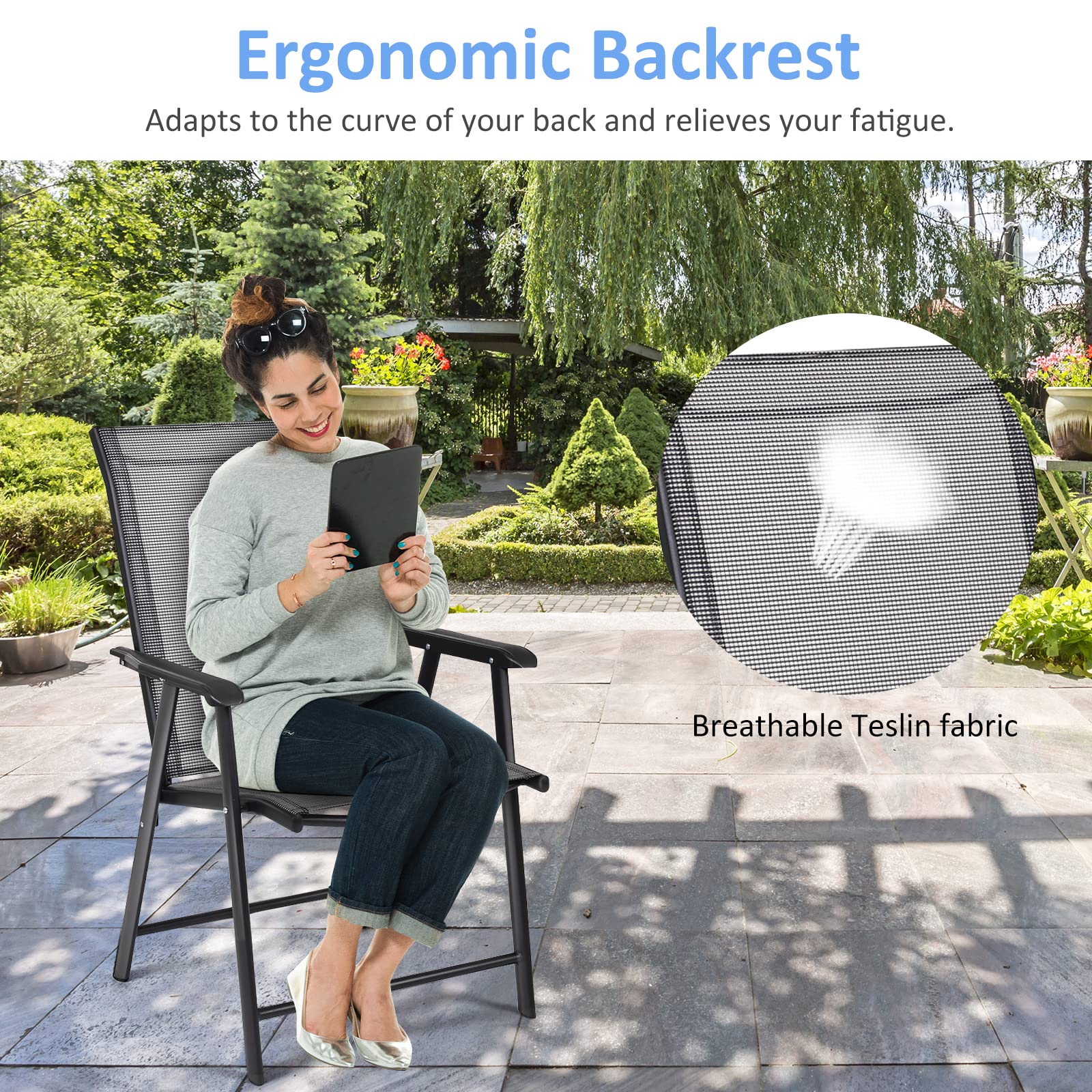 Tangkula Set of 4 Patio Folding Chairs, Fabric Dining Chairs with High Back & Armrests, Portable Camping Lounge Chairs with Sturdy Metal Frame, Outdoor Sling Chairs for Patio Lawn Garden (Grey)