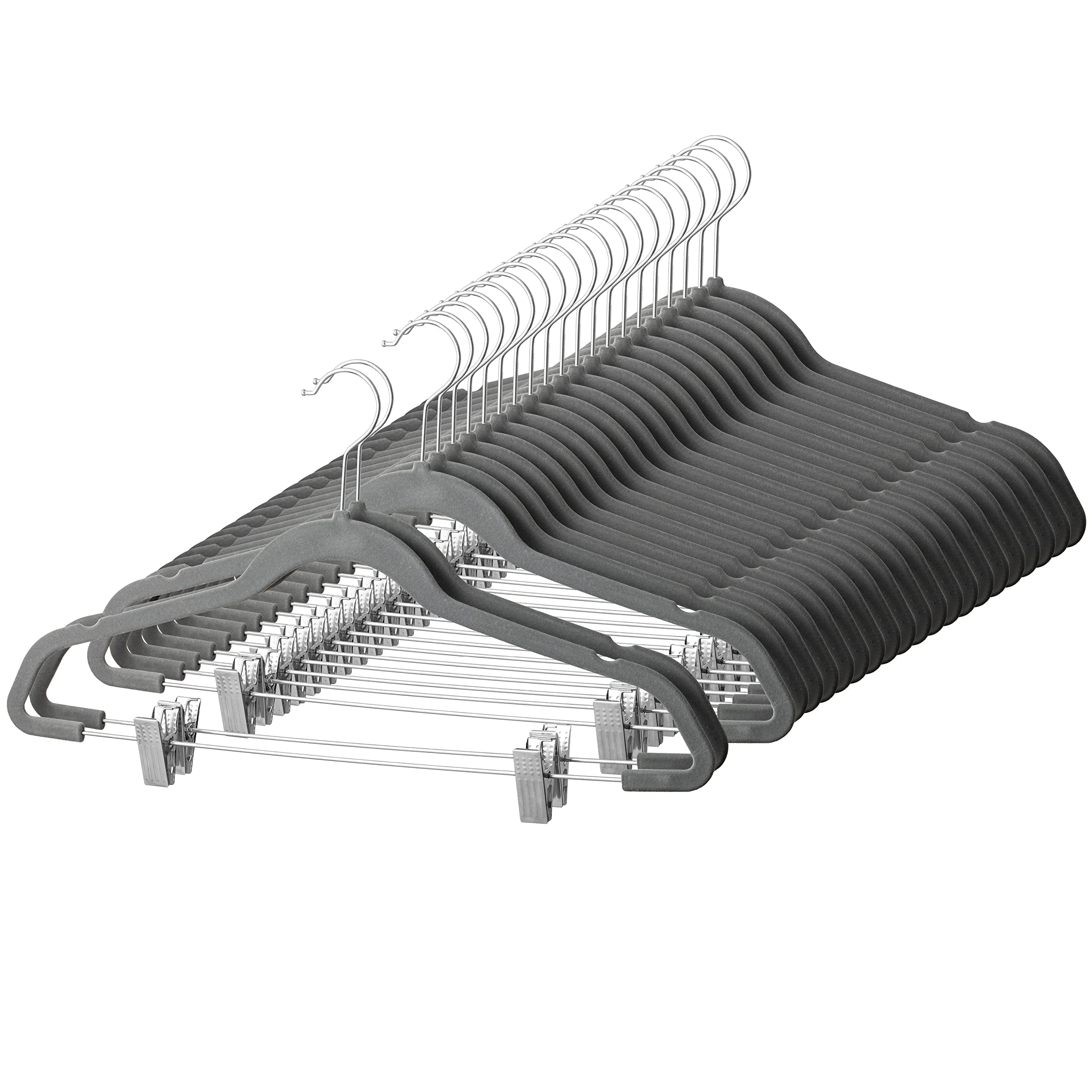 Zober Velvet Hangers with Clips - Pack of 20 Metal Clip Hangers for Pants - Notched Gray Velvet Skirt Hangers for Pants, Skirts, Suits, Dresses & Shirts w/ 360 Degree Hook - Non Slip Felt Hangers