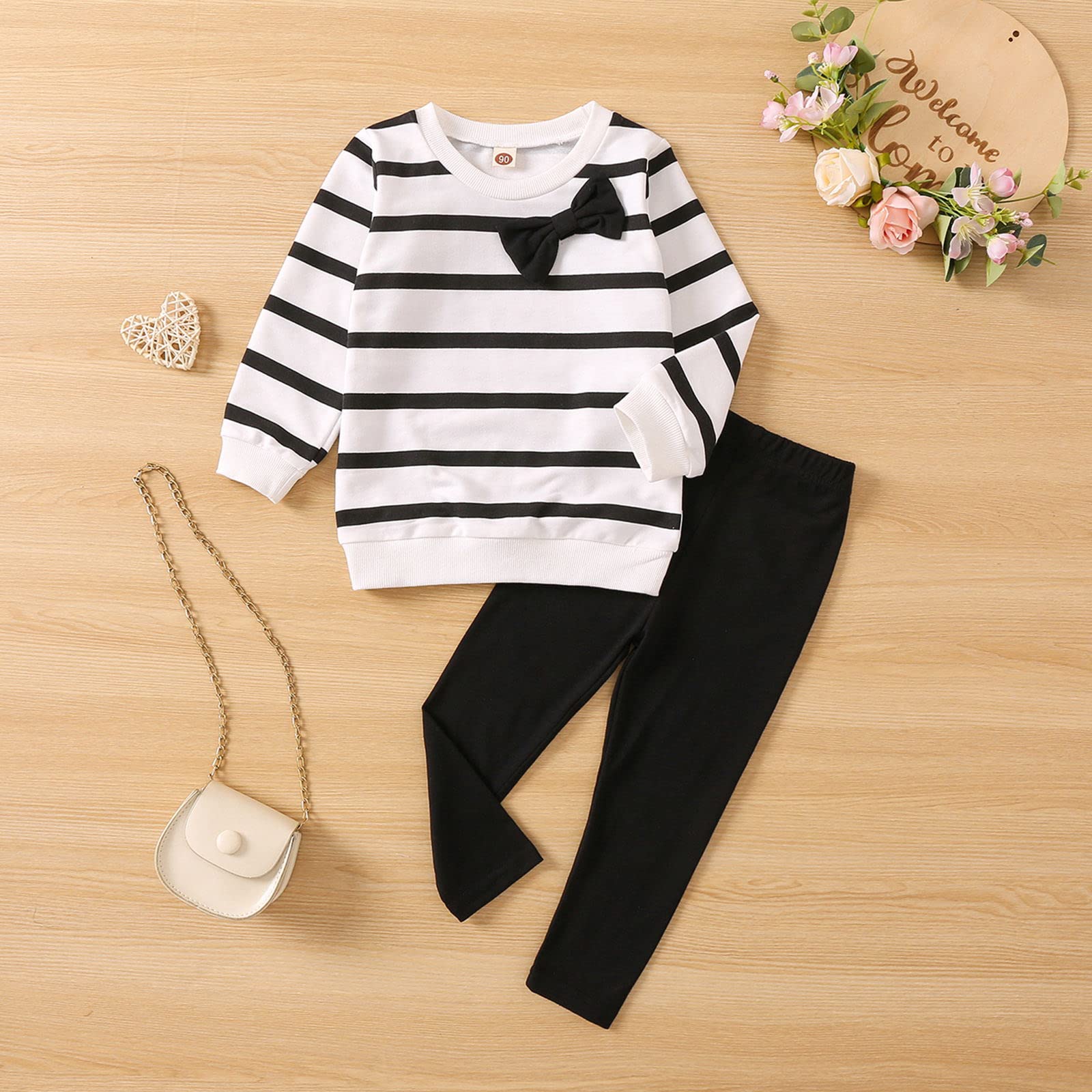 Ritatte Toddler Baby Girl Outfits Striped Bowknot Long Sleeve Pullover Sweatshirt Tops Solid Pants Cute Fall Winter Clothes(Black, 4-5T(120))