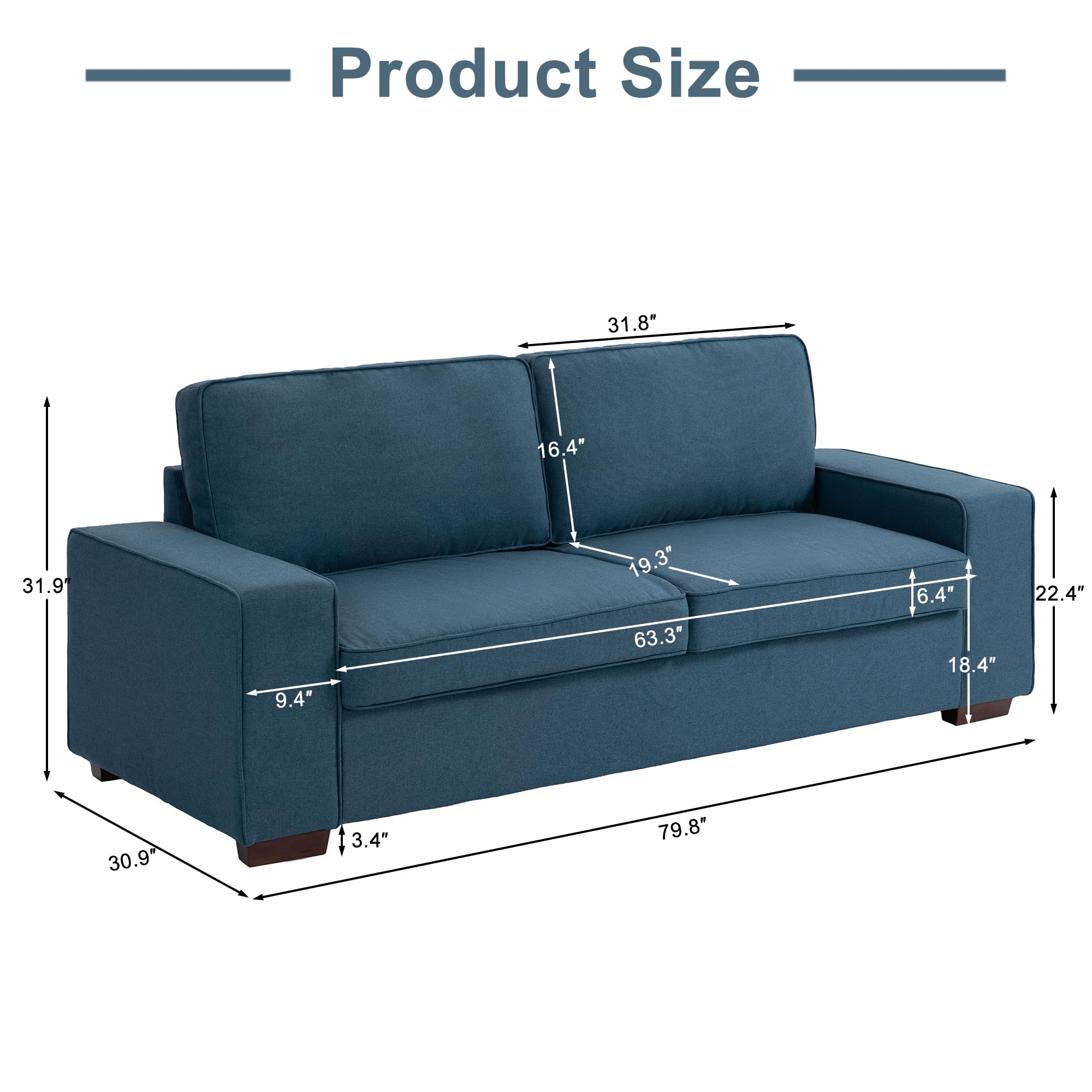 UIXE 80" Loveseat Sofa, Modern Love Seat Living Room 3-Seater Couches with Linen Fabric Cushion, Mid Century Upholstered Wide Track Armrest Couch Comfy Solid Wood Furniture for Bedroom, Blue