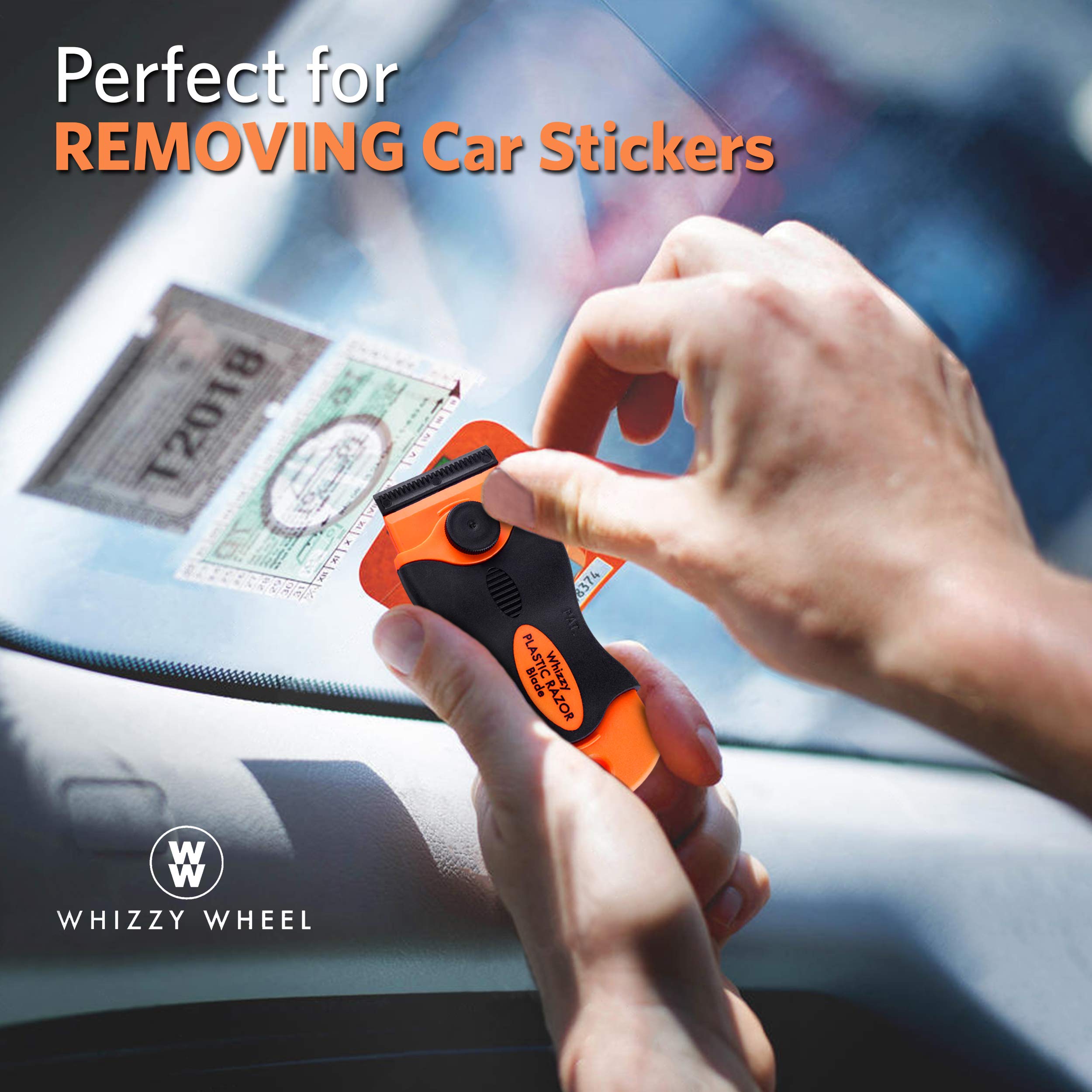Whizzy Wheel Multi-Purpose Plastic Razor Blades Scraper, 10 Double Edged Plastic Blades - Car Decal Remover and Sticker Remover Tool, Ideal for Car Vinyl, Decal & Tint Removal | Plastic Scraper Tool