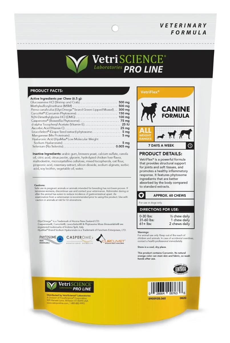 VetriScience VetriFlex Canine Formula - Active Joint Support Supplement for Dogs - Wellness Bites Support Comfortable Movement & Joint Relief - Agility & Flexibility Aid for Dogs - 60 Chews