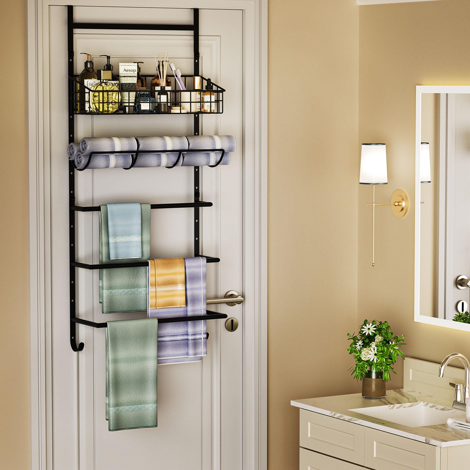 X-cosrack Adjustable Towel Racks for Bathroom Door Hanging, 5 Tiers Over The Door Towel Rack with Hooks, Bathroom Towel Holder Wall Mount for organizing TowelsïŒClothes