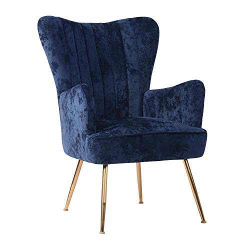 FurnitureR Velvet Living Room Chair Upholstered with Soft High Wing Back Leisure Reading Seat with Armrest for Corner Apartment, Dark Blue