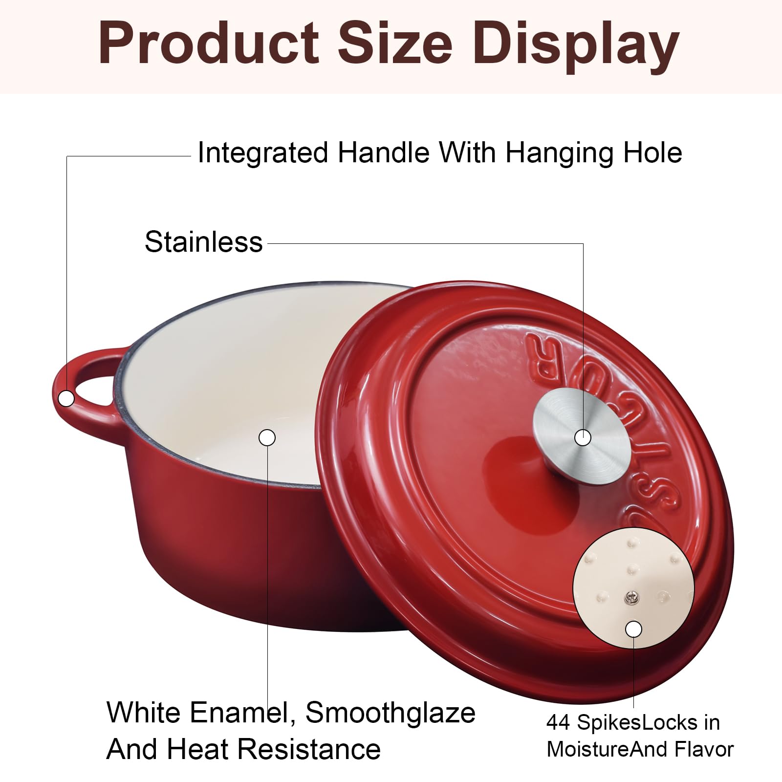 RIZTAIK 4.5 Quart Enamel Cast-Iron Round Dutch Ovenwith Lid and Dual Handlesfor Home,Kitchen, Dining Room, Non-stick Enamel Coated Cookware-red
