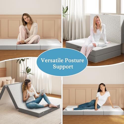PurrJoys Foldable Full Mattress, 4 Inch Tri-Folding Memory Foam Mattress with Carry Handle, Washable Cover,& Non-Slip Bottom, Foldable Bed for Guests, Travel, Camping, Easy to Carry, Double Mattress
