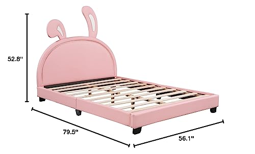 Merax Full Size Upholstered Leather Platform Bed with Bunny Ears Headboard, Platform Bed Frame with Rabbit Ornament for Kids, Child's Bedroom, No Box Spring Needed, Pink