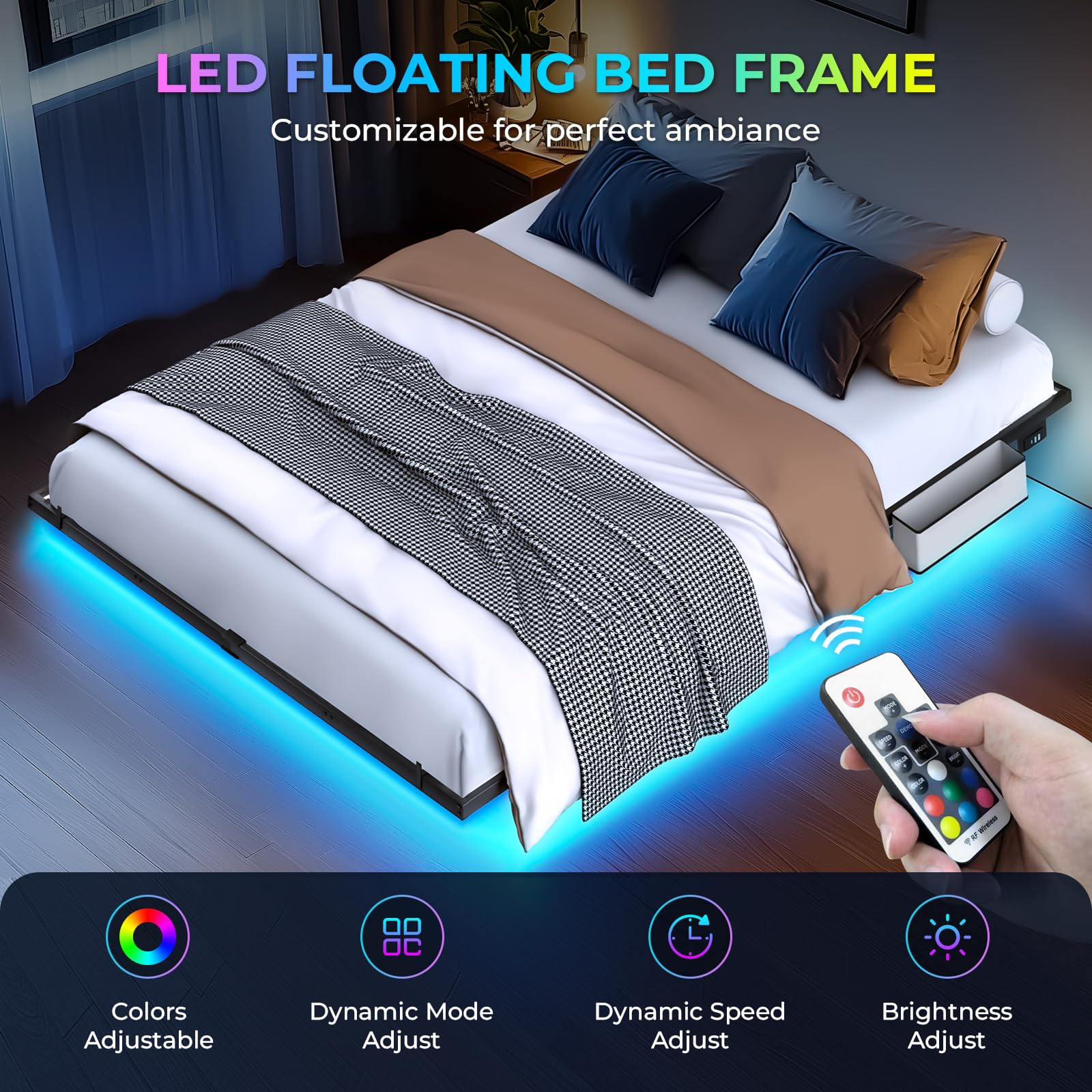 Tatub Queen Floating Bed Frame with Bedside Caddy, LED Floating Bed Frame with Charing Station & 4 Mattress Slide Stopper, Heavy Duty Metal Platform Bed, No Box Spring Needed, Easy to Assemble