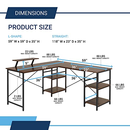 Techni Mobili Office Desk - Reversible L Shaped Desk with Storage Shelves, Monitor Stand & Accessory Holder - Ergonomic & Industrial Workstation Corner Table with Durable Steel Frame, Walnut
