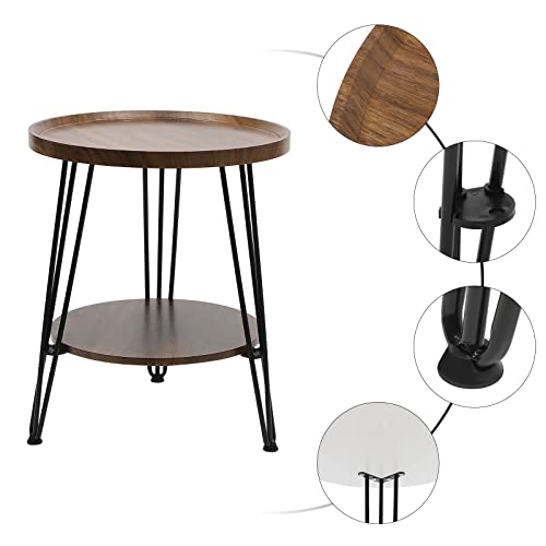 Round End Table, Small Side Table with Storage Shelf, 2-Tier Circular Rustic Vintage Table, Solid Telephone Table Nightstand for Living Room Bedroom Entryway, Black Metal Leg and Walnut Boards